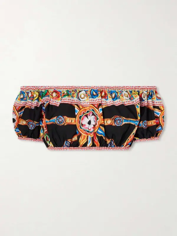Dolce & Gabbana Carretto Off-the-shoulder Cropped Printed Cotton-poplin Top - Black