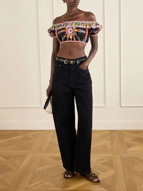Dolce & Gabbana Carretto Off-the-shoulder Cropped Printed Cotton-poplin Top