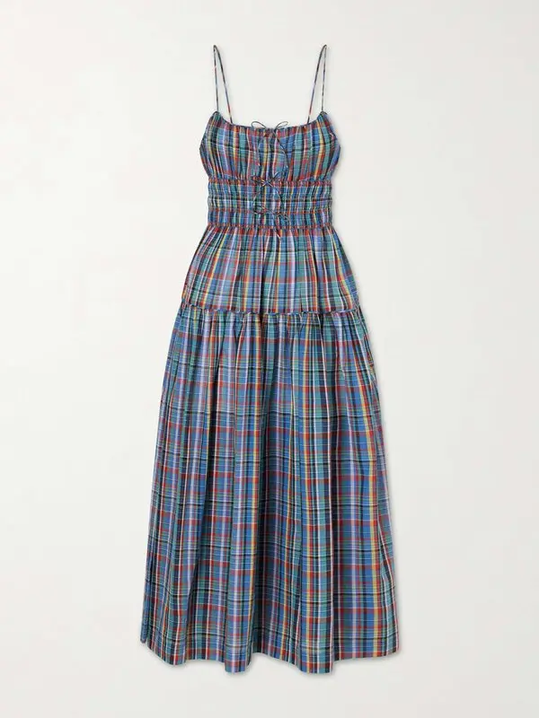 DÔEN Brielle Gathered Checked Organic Cotton Midi Dress