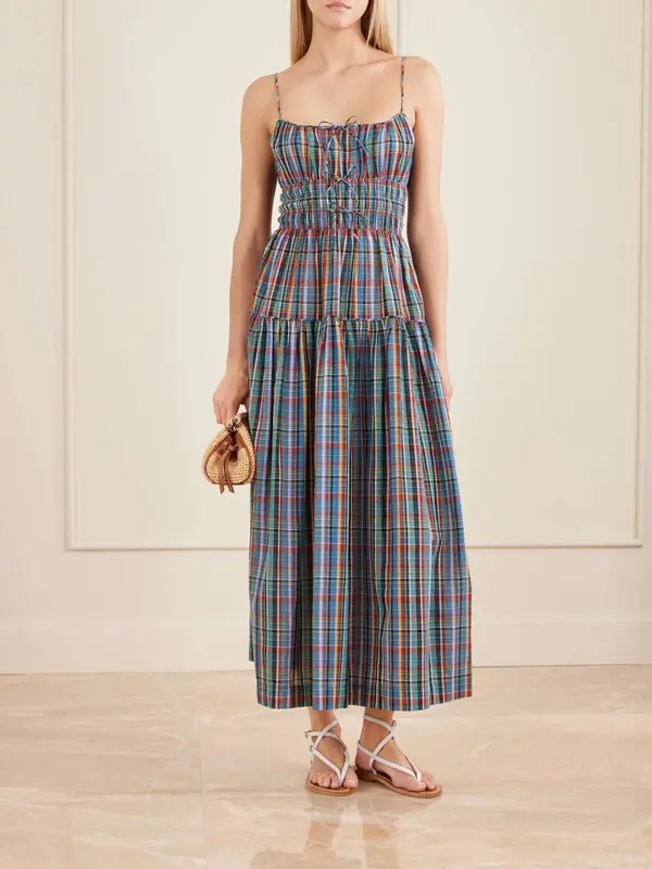 DÔEN Brielle Gathered Checked Organic Cotton Midi Dress
