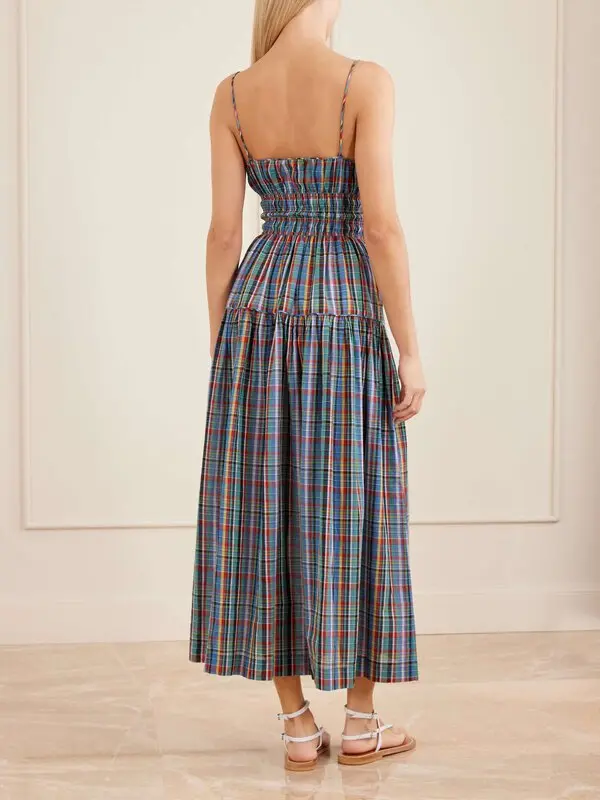 DÔEN Brielle Gathered Checked Organic Cotton Midi Dress