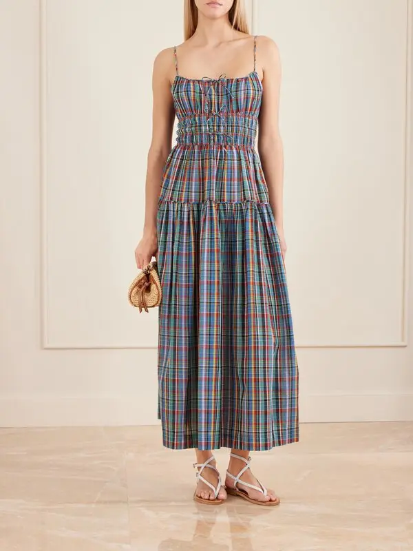 DÔEN Brielle Gathered Checked Organic Cotton Midi Dress - Blue