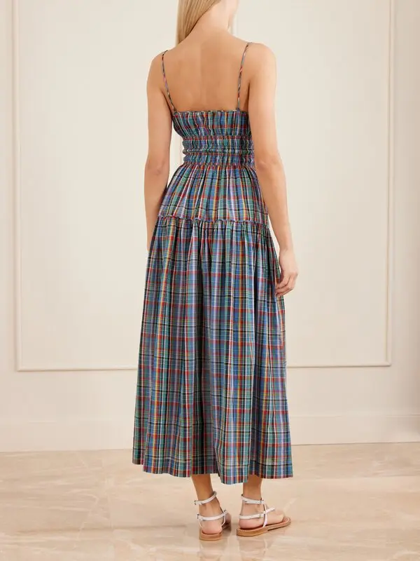 DÔEN Brielle Gathered Checked Organic Cotton Midi Dress - Blue