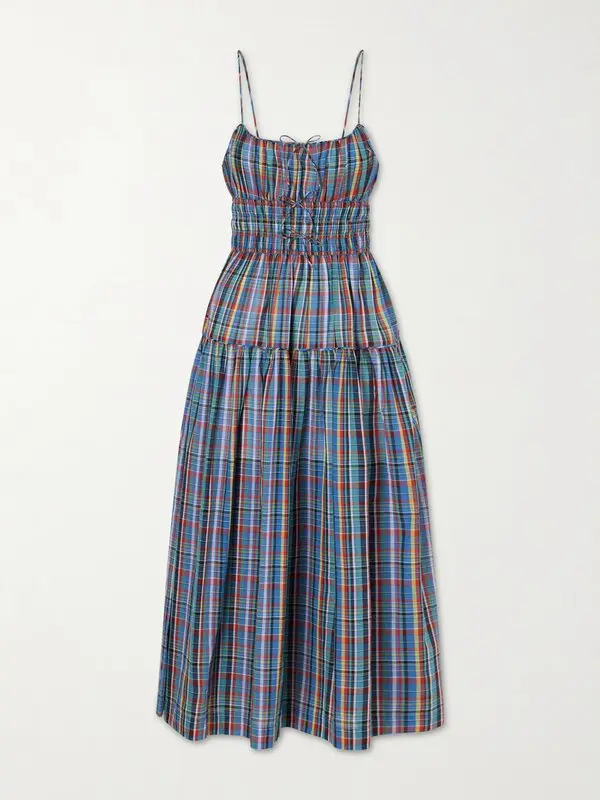 DÔEN Brielle Gathered Checked Organic Cotton Midi Dress - Blue