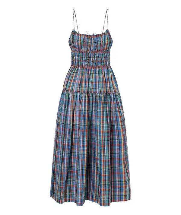 DÔEN Brielle Gathered Checked Organic Cotton Midi Dress - Blue