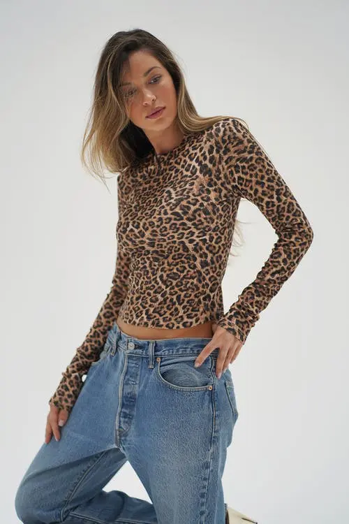 Lna Dalston Ribbed Cropped Long Sleeve - Leopard