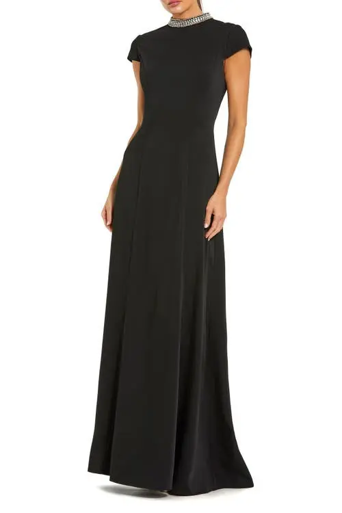 Mac Duggal Cap Sleeve Gown With Embellished Neckline - Black