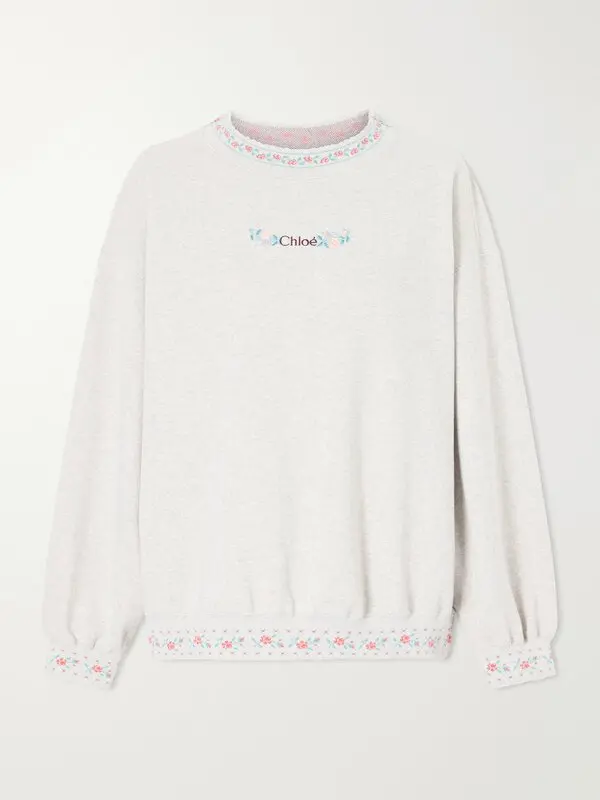 Chloé Logo Embroidered Scalloped Cotton-jersey Sweatshirt - Gray