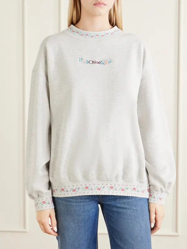 Chloé Logo Embroidered Scalloped Cotton-jersey Sweatshirt - Gray