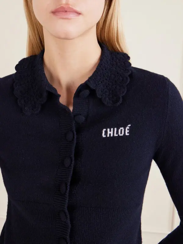 Chloé Logo Embroidered Wool Cardigan With Crocheted Collar