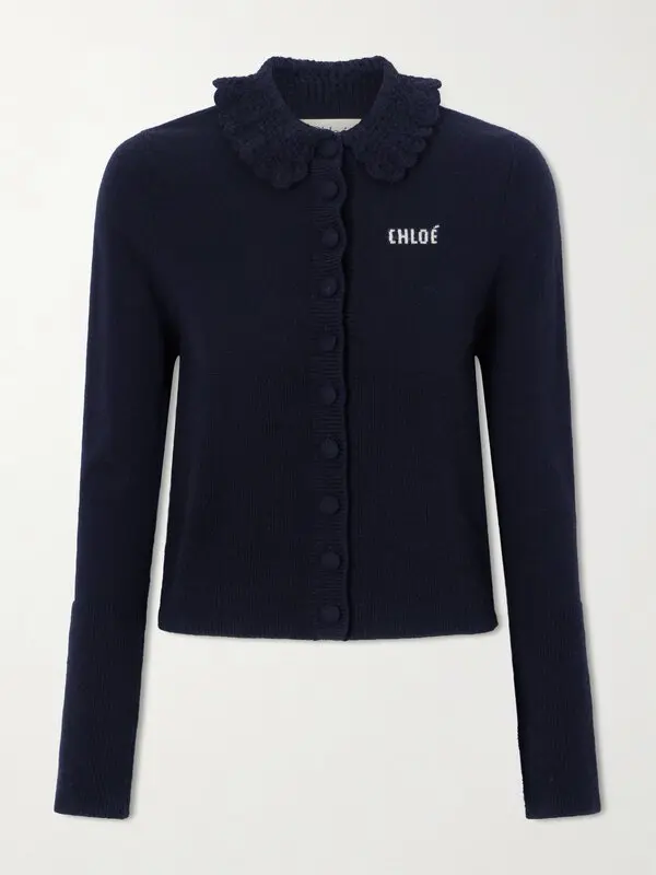 Chloé Logo Embroidered Wool Cardigan With Crochet Collar - Blue