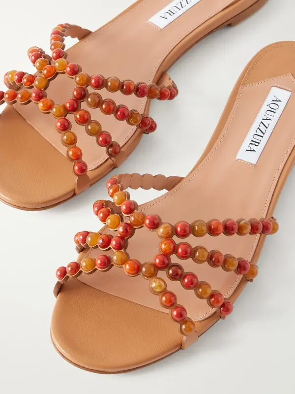 AQUAZZURA Gemma Embellished Leather Sandals - Neutrals