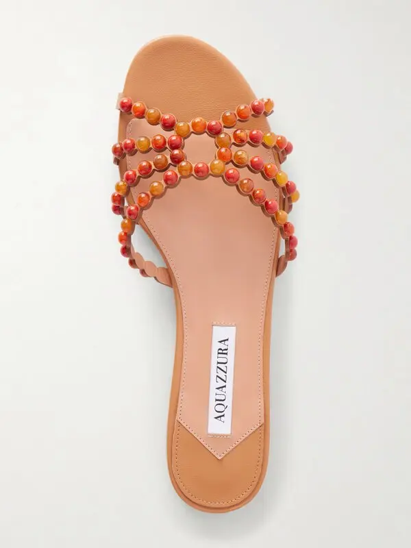 AQUAZZURA Gemma Embellished Leather Sandals - Neutrals