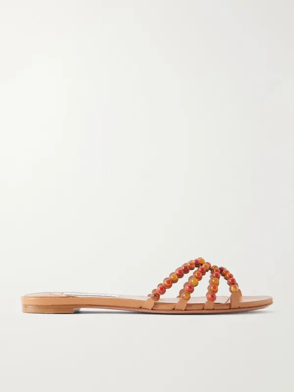 AQUAZZURA Gemma Embellished Leather Sandals - Neutrals