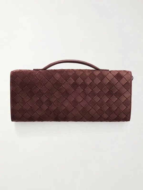 Bottega Veneta Andiamo Long Intrecciato Suede Clutch With Gold Tone Knot Toggle - Brown