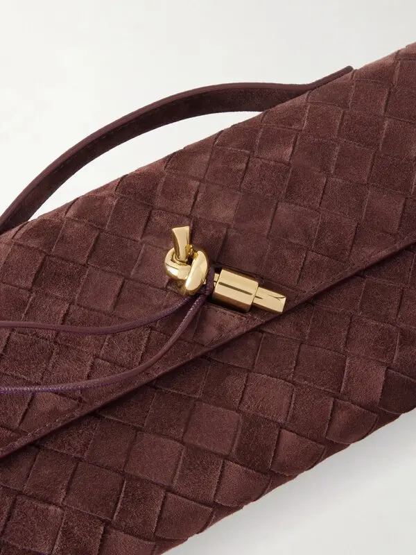Bottega Veneta Andiamo Long Intrecciato Suede Clutch With Gold Tone Knot Toggle - Brown