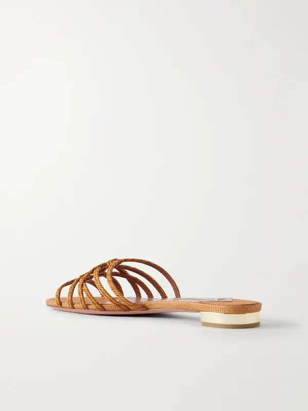 AQUAZZURA Luna Braided Raffia Slides With Gold Tone Heel - Neutrals
