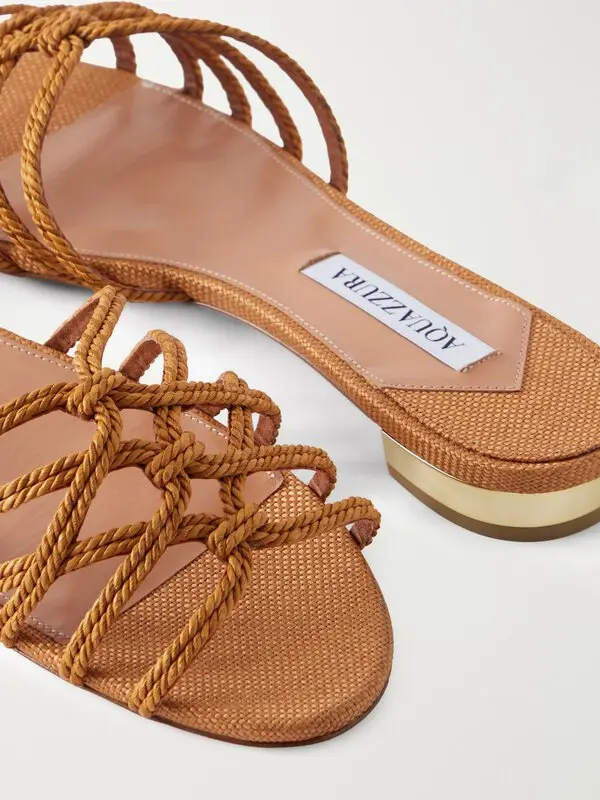 AQUAZZURA Luna Braided Raffia Slides With Gold Tone Heel - Neutrals