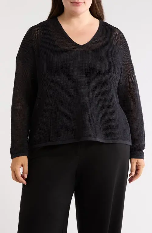 Eileen Fisher V-neck Open Knit Sweater - Black