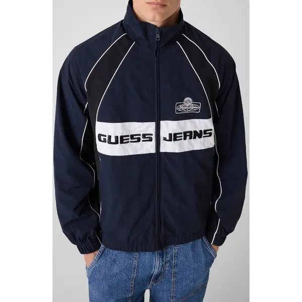Guess Nylon Track Jacket With Contrast Piping And Logo Detailing - Blue