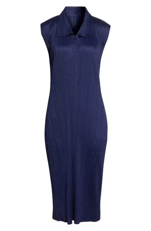 Issey Miyake Sleeveless Pleated Midi Polo Dress - Navy