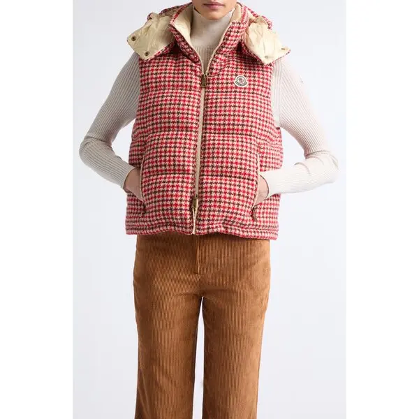 Moncler Wool-blend Down Puffer Vest With Removable Hood - Check Print