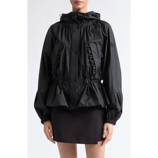 Moncler Imaginaire Short Nylon Canvas Parka With Ruffled Waist - Black