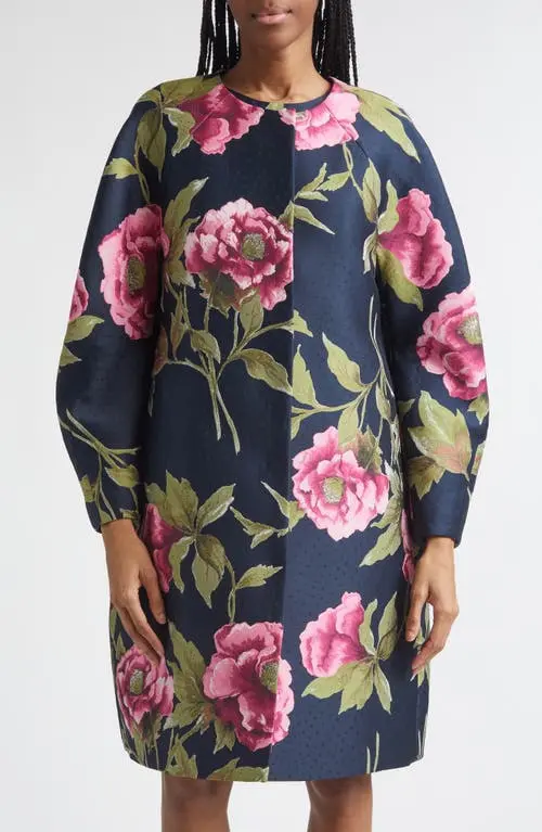 Carolina Herrera Peony Jacquard Cocoon Coat - Midnight Multi