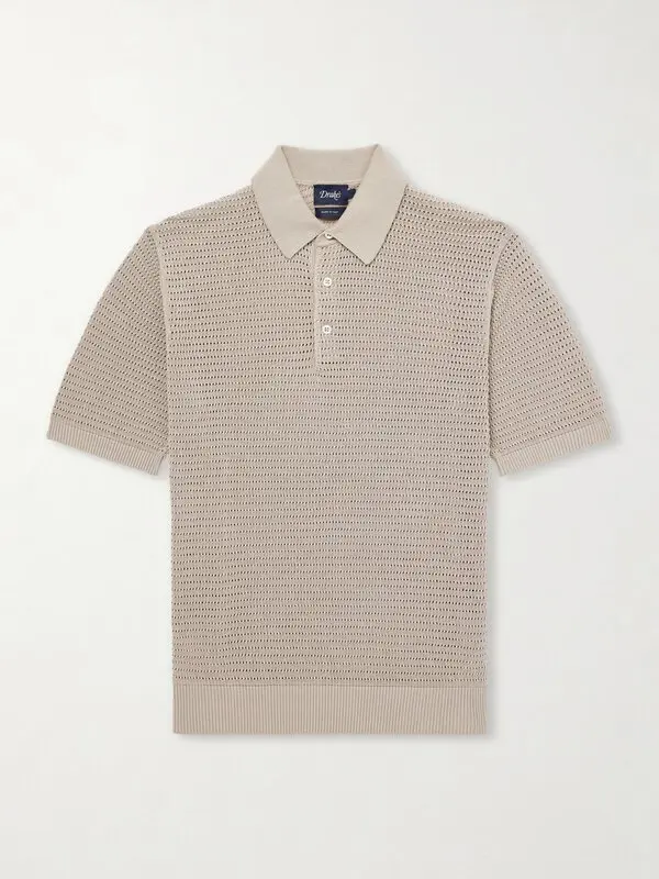 DRAKE'S Mesh-knit Cotton Polo Shirt - Neutrals