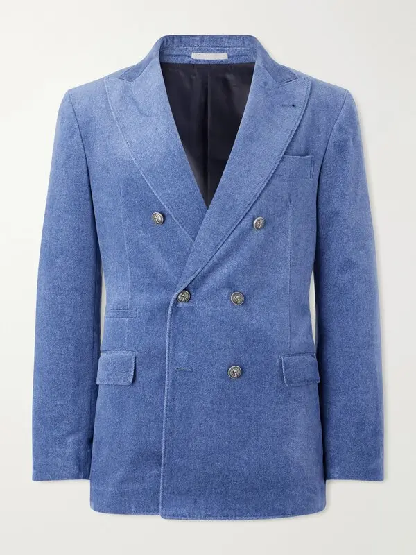 Brunello Cucinelli Double-breasted Cotton-velvet Suit Jacket - Blue