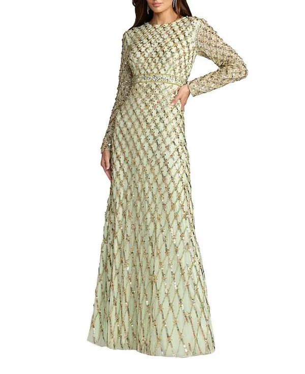 Mac Duggal Long Sleeve High Neck Embellished Gown - Sage