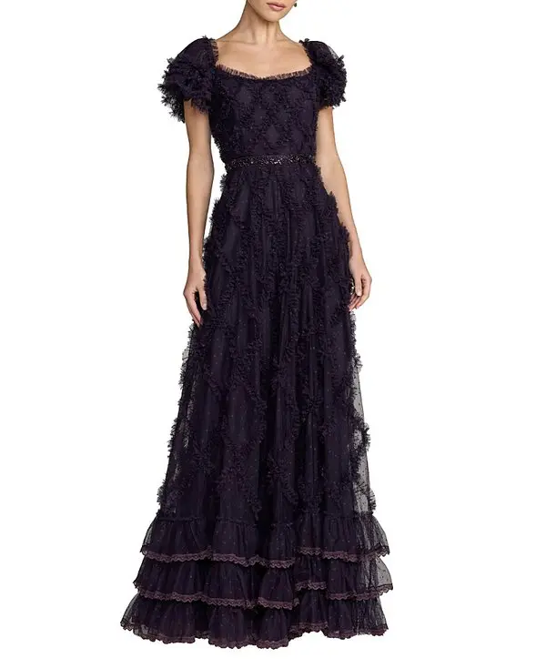 Mac Duggal Mesh Short Sleeve Scoop Neck Ruffle A Line Dress - Midnight
