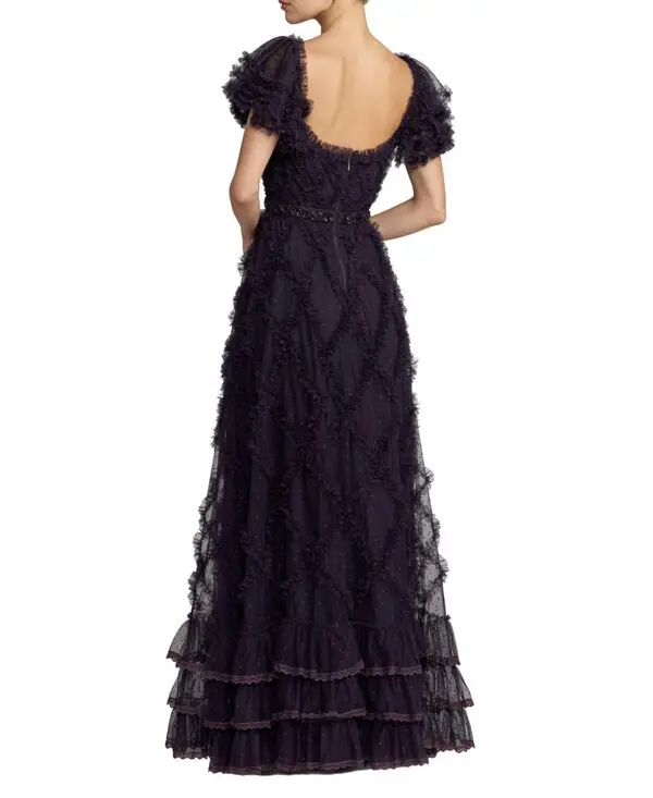 Mac Duggal Mesh Short Sleeve Scoop Neck Ruffle Gown