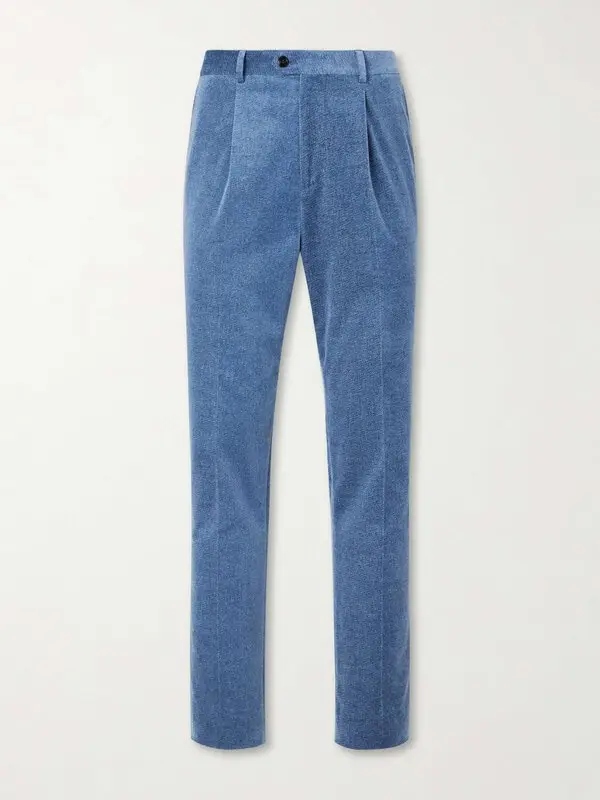 Brunello Cucinelli Straight-leg Pleated Cotton-velvet Suit Trousers - Blue