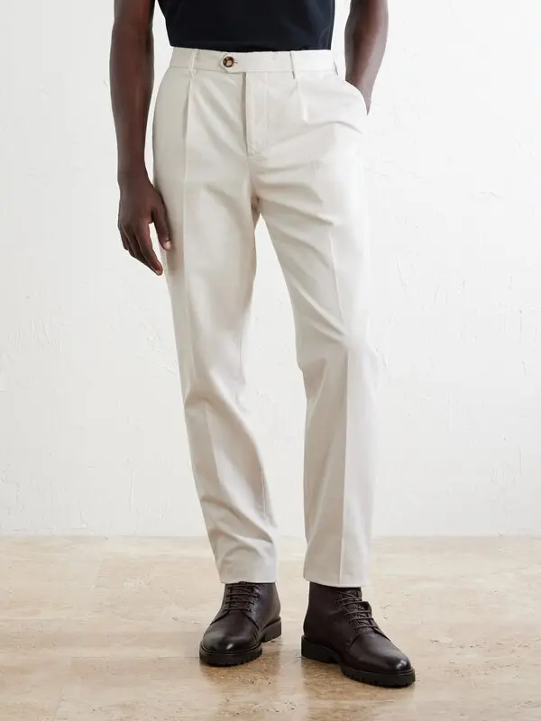 Brunello Cucinelli Straight-leg Pleated Cotton-twill Trousers - Neutrals