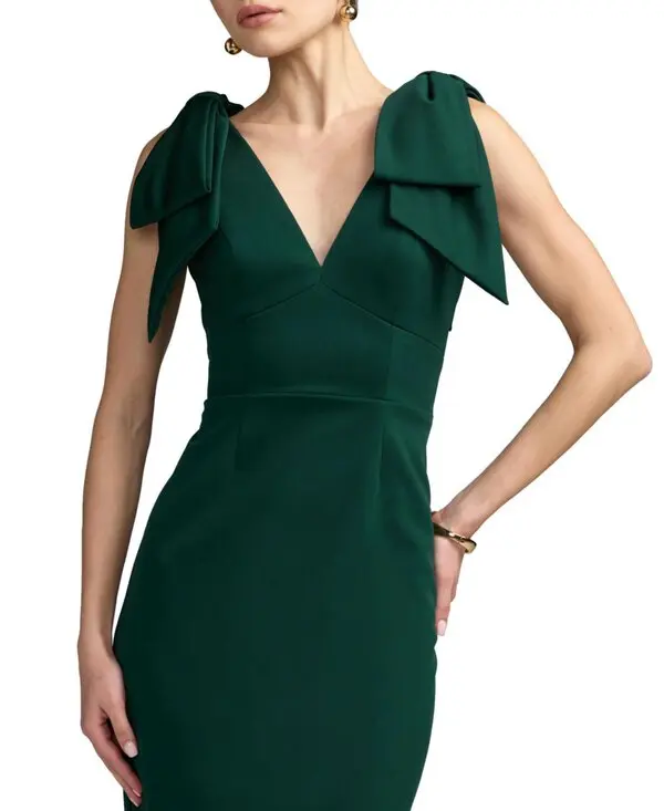 Mac Duggal Petite Bow Strap Crepe Fitted Midi Dress - Emerald