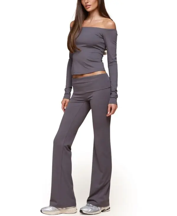 EDIKTED Oriane Foldover Flared Leggings - Gray