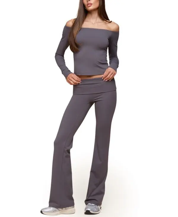 EDIKTED Oriane Foldover Flared Leggings - Gray