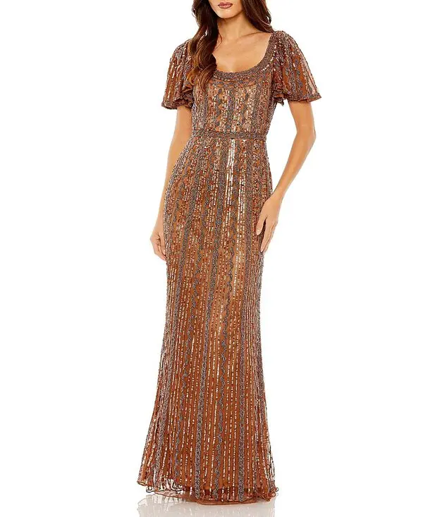 Mac Duggal Scoop Neck Flutter Sleeve Embellished Gown - Copper