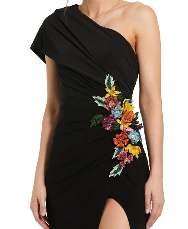 Mac Duggal One Shoulder Gown With Beaded Floral Applique