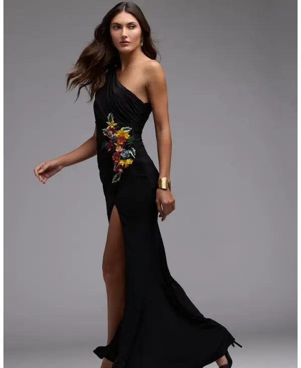 Mac Duggal One Shoulder Gown With Beaded Floral Applique