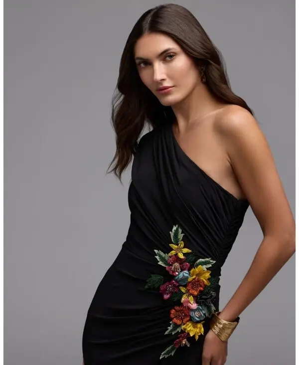 Mac Duggal One Shoulder Gown With Beaded Floral Applique