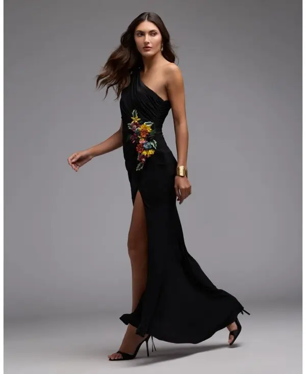 Mac Duggal One Shoulder Gown With Beaded Floral Applique
