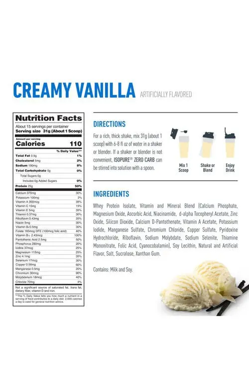 ISOPURE Zero Carb 100% Whey Protein Isolate Powder, Creamy Vanilla, 25g Protein