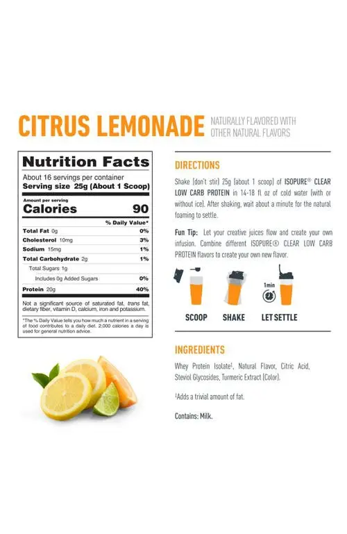 ISOPURE Clear Low Carb 100% Whey Protein Isolate Powder, Citrus Lemonade, 20g Protein