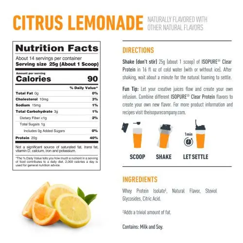 ISOPURE Clear Low Carb 100% Whey Protein Isolate Powder, Citrus Lemonade, 20g Protein