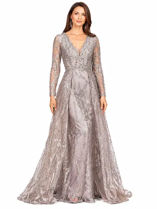 LARA NEW YORK Beaded Faux-wrap V-neck Bridal Gown With Overskirt - Slate