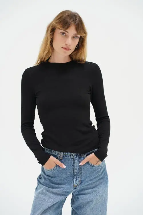 Lna Dalston Ribbed Long Sleeve Crewneck Top - Black