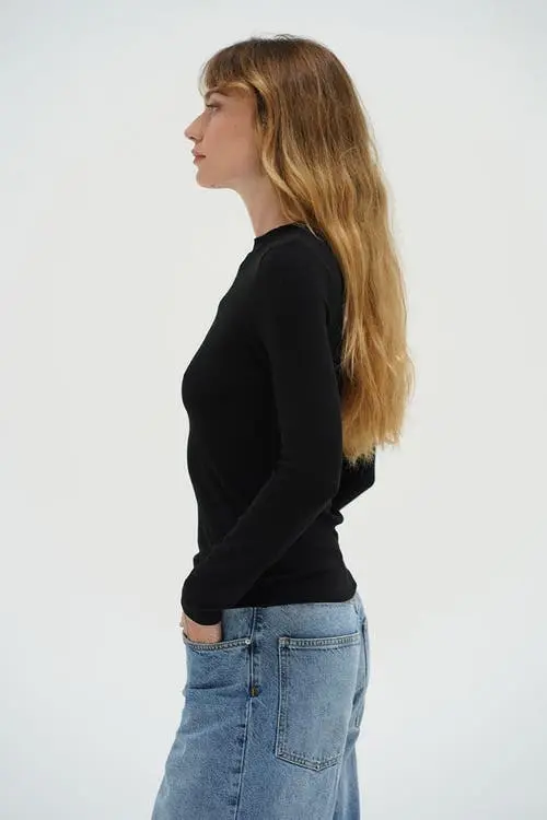 Lna Dalston Ribbed Long Sleeve Crewneck Top - Black