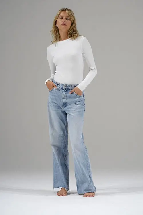 Lna Dalston Ribbed Long Sleeve Crewneck Top - White